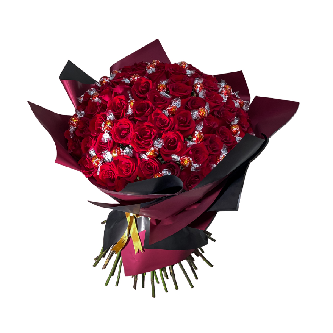Ramo 100 rosas con chocolates - Floreria Detalles Amatista